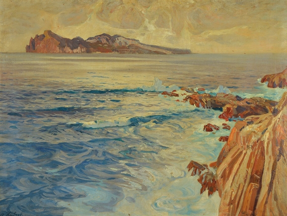 Albert Hubert | dusk at a rocky coast with a view of an island | MutualArt