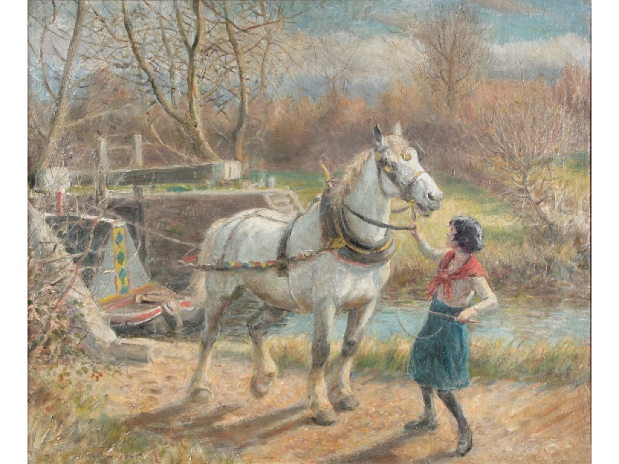 Roland Wheelwright | A girl leading a horse on a towpath | MutualArt