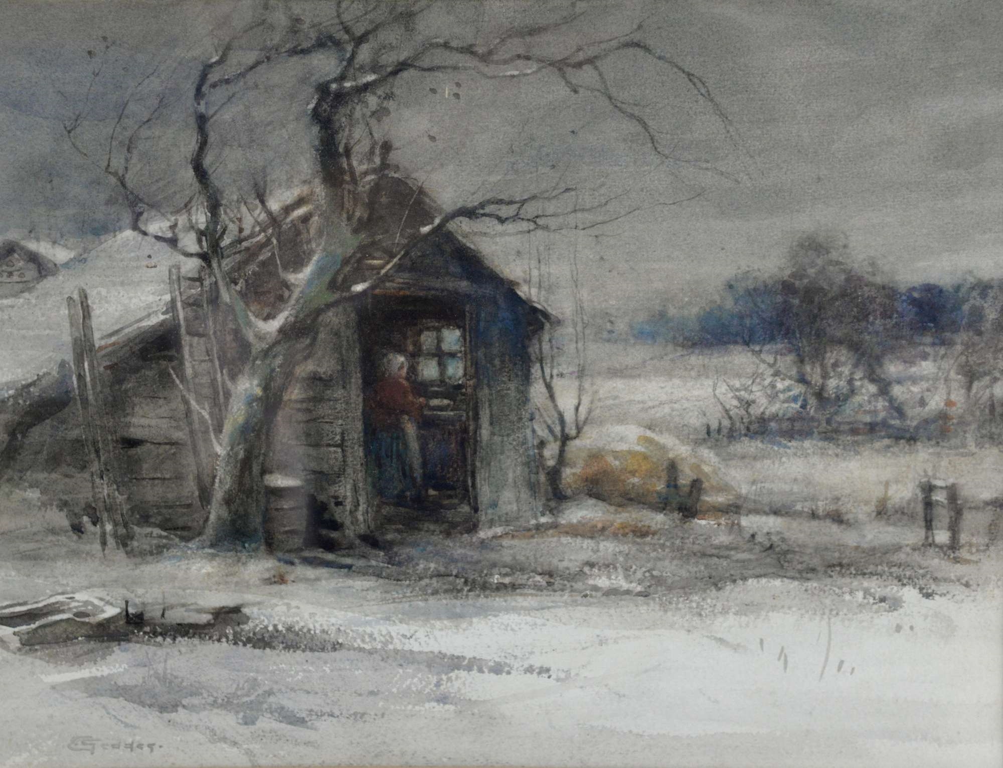 Ewan Geddes | Winter scene with figure in an out-building | MutualArt