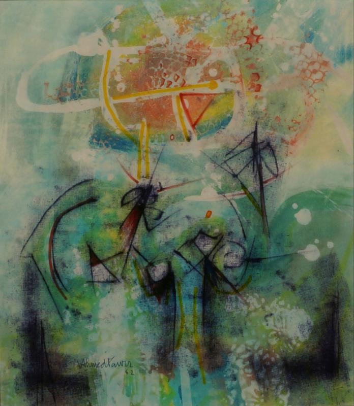 Ahmed Parvez | Abstract composition with black birds and minaret at top ...