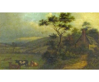 L. Lyons | Country Landscape with Cattle Before a Cottage | MutualArt