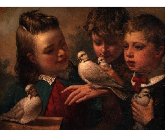 Hugh Collins | Three Young Children with Doves | MutualArt