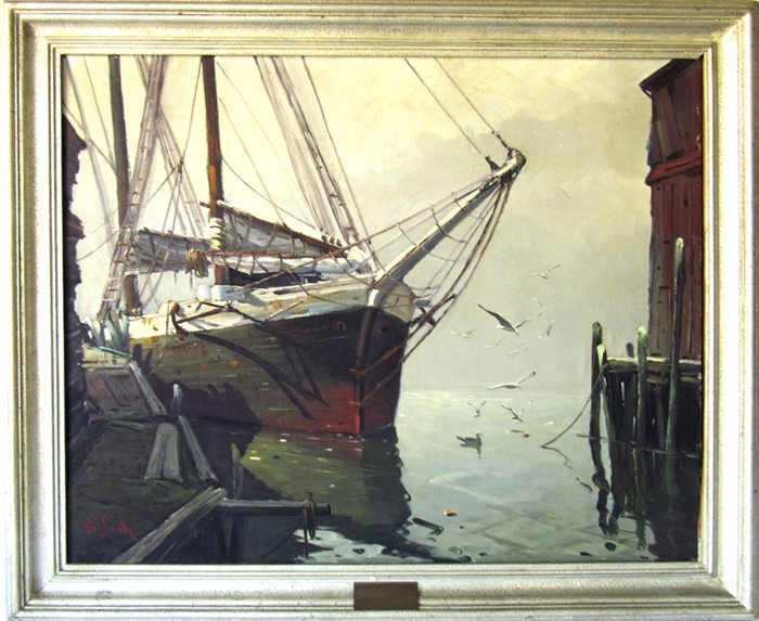 Otis Cook | dock scene with schooner | MutualArt