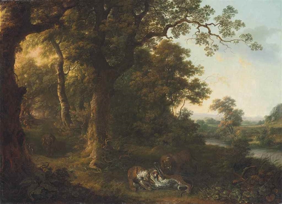 George, Sr. Barret | A wooded river landscape with a man and his dog by ...