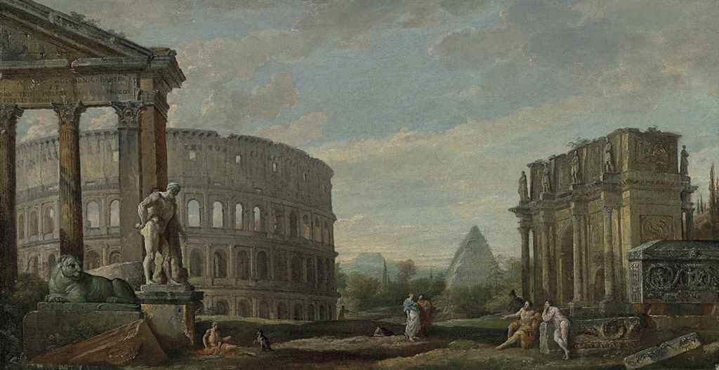 Giovanni Paolo Pannini | An architectural capriccio with the Temple Antoninus and Faustina, the ...