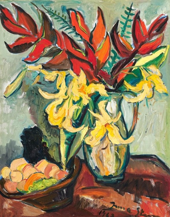 Irma Stern | Still Life of Fruit and Lilies in a Jug (1962) | MutualArt