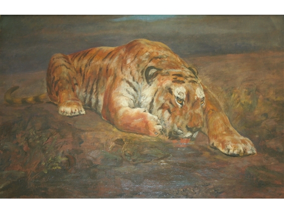 John Trivett Nettleship | TIGER DRINKING AT A POOL | MutualArt