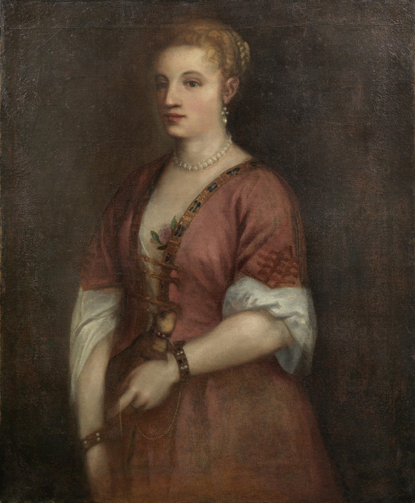 Titian | Portrait of a noble lady, three-quarter-length, in a red dress ...