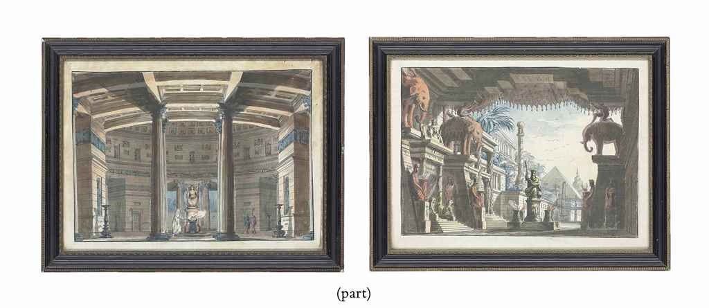 Antonio Basoli | Set of 4, Four stage designs with Classical and ...