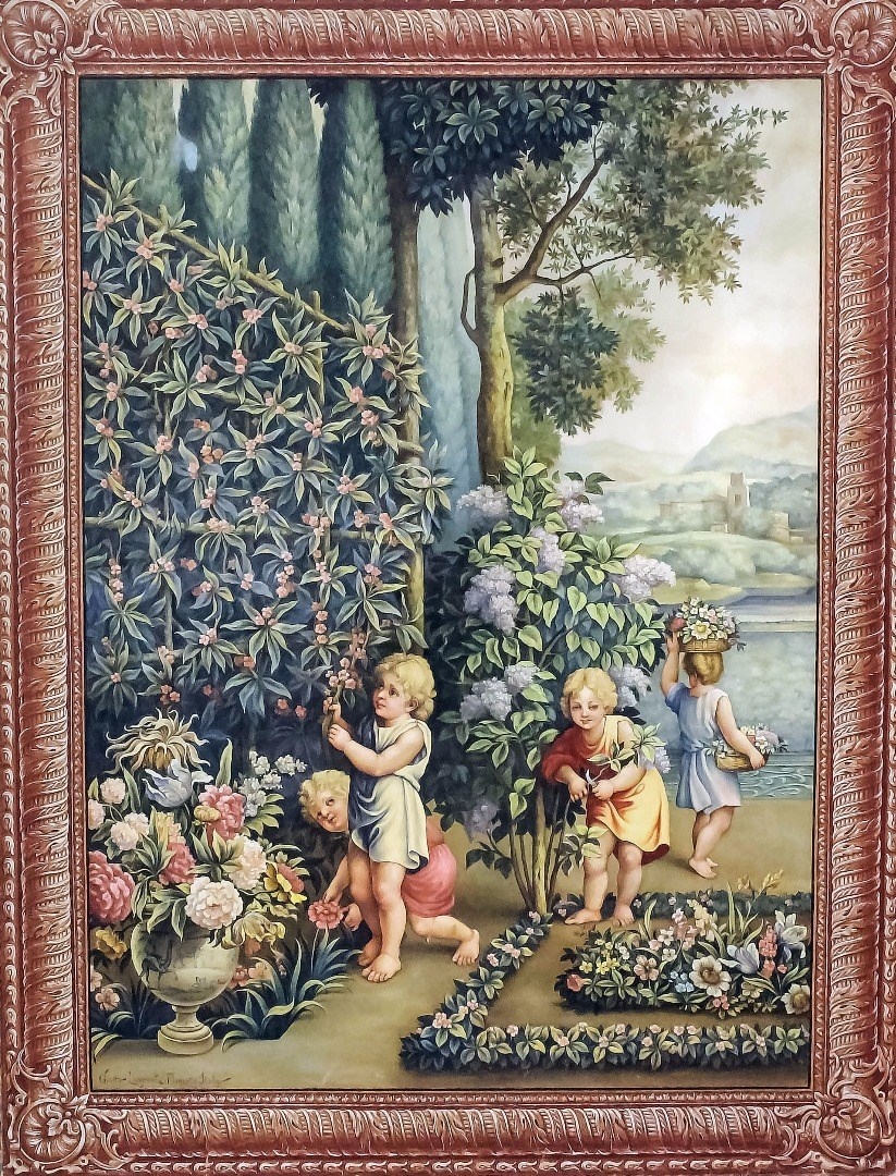 Giotto Lamponi | Italian garden landscape with children picking flowers ...