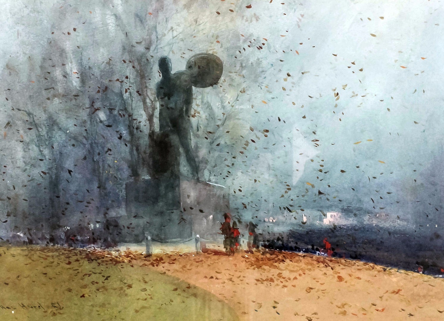 Hal Hurst | Autumn scene in park with large statue | MutualArt