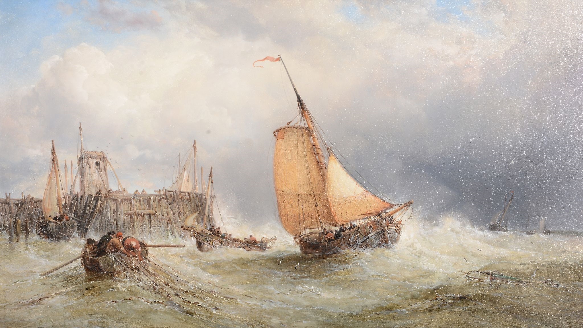 James Webb | Fishing boats in a squall by a jetty | MutualArt