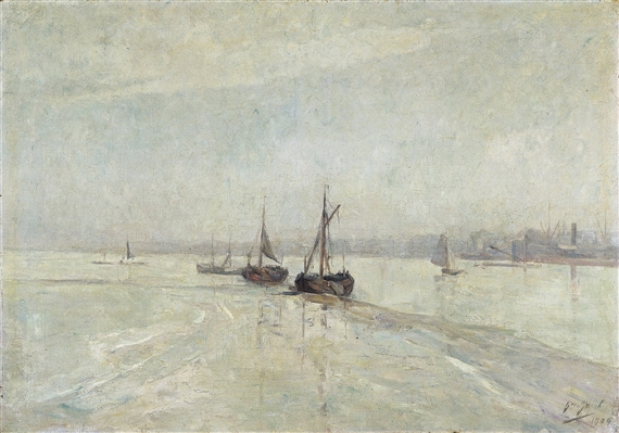 Gérard Jacobs | Stranded Fishing Boats on the Scheldt (1904) | MutualArt