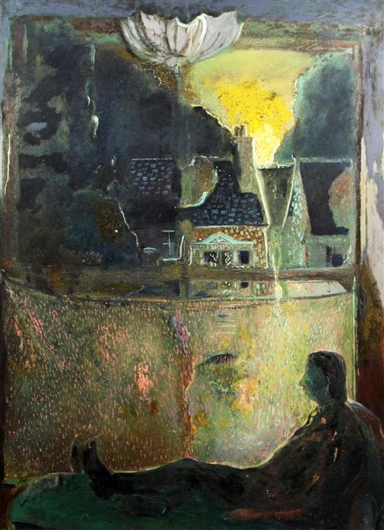 Harold Mockford | Sleeping figure with houses and flames viewed through ...