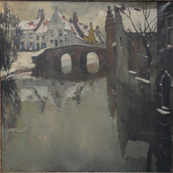 Julien Celos | View of a wintery town (Bruges or Ghent) | MutualArt