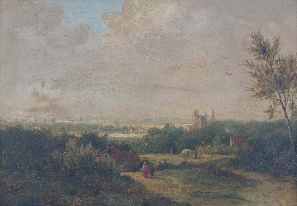 George Cole | Extensive landscape with figures in the foreground and a ...