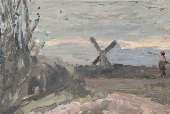 Harry Becker | Landscape with windmill and farmworker | MutualArt