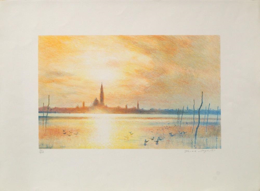 Derek Mynott | 2 works, Venice Sunset ; Depicting a city river scene ...