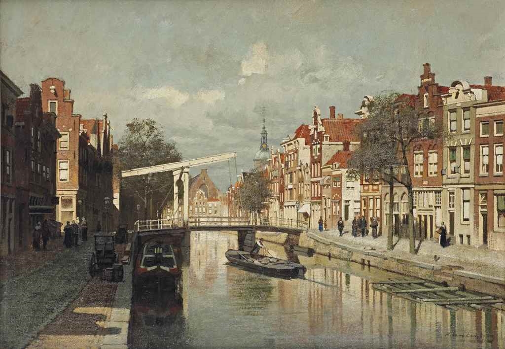 Johannes Christiaan Karel Klinkenberg | A sunlit canal in a Dutch town ...