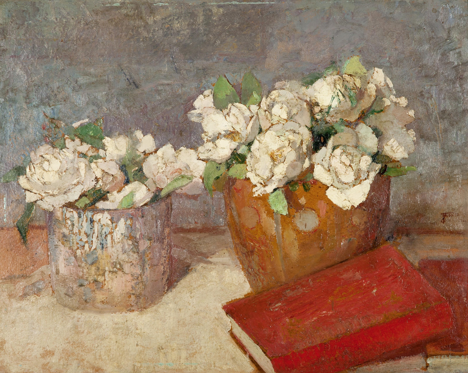 Theophrastos Triantafyllidis | Still life with gardenias and red book ...