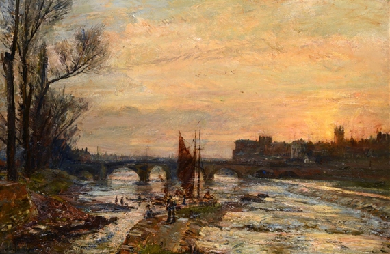 Herbert Royle | Shipping vessels and figures at a river pier and before ...