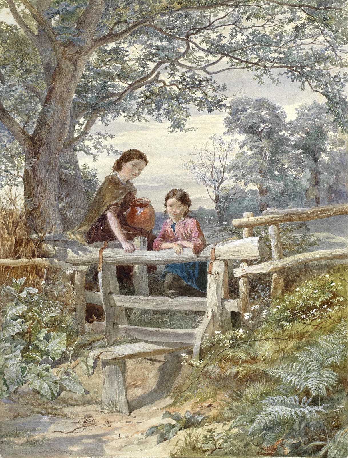Walter Goodall | Two girls by a country style (1864) | MutualArt