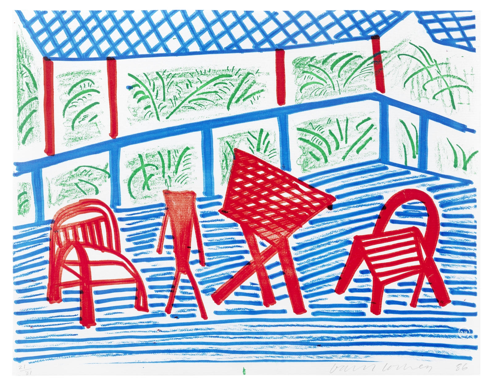 David Hockney | Two Red Chairs and Table, March 1986 (1986) | MutualArt