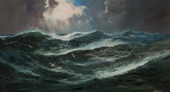 F. Walters | SEA BIRDS ABOVE BREAKING WAVES | MutualArt