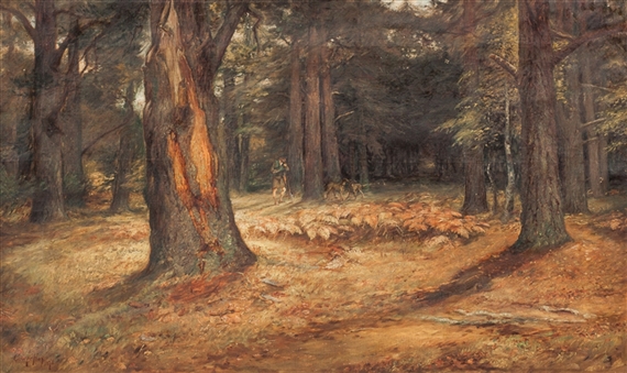 George Hay | THE WOODSMAN AND HIS PAIR OF DEERHOUNDS (1878) | MutualArt