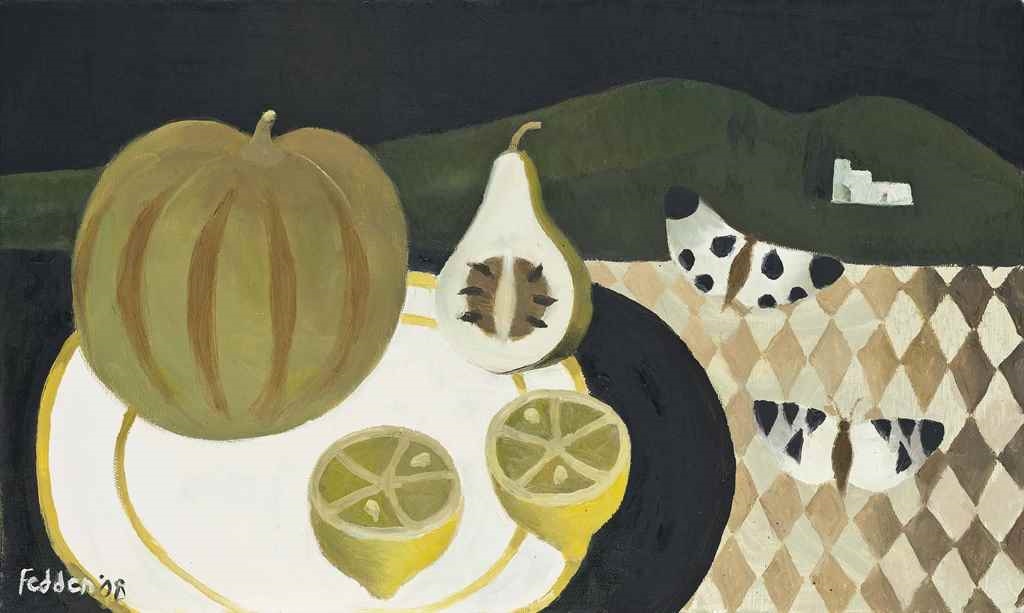 Mary Fedden | Still life of fruit on a blue plate (2009) | MutualArt