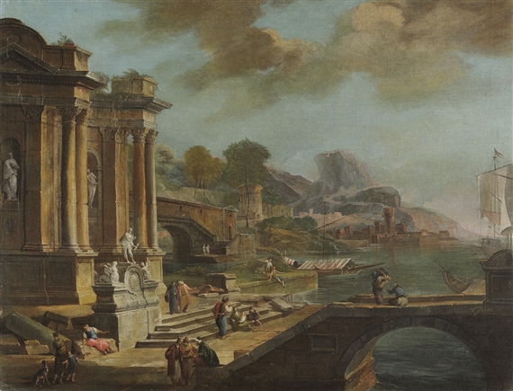 Luca Carlevarijs | Coast Landscape with a Capriccio and Figures Wearing ...
