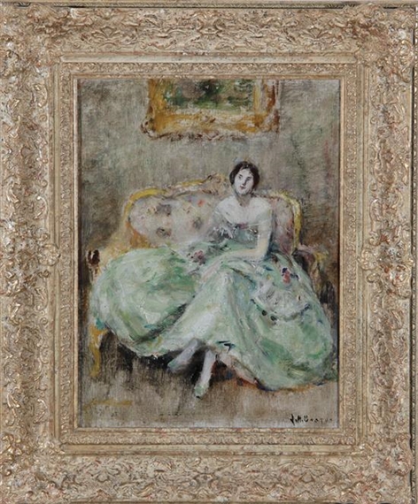 Joseph Henry Boston | WOMAN IN GREEN DRESS ON FRENCH SETTEE | MutualArt