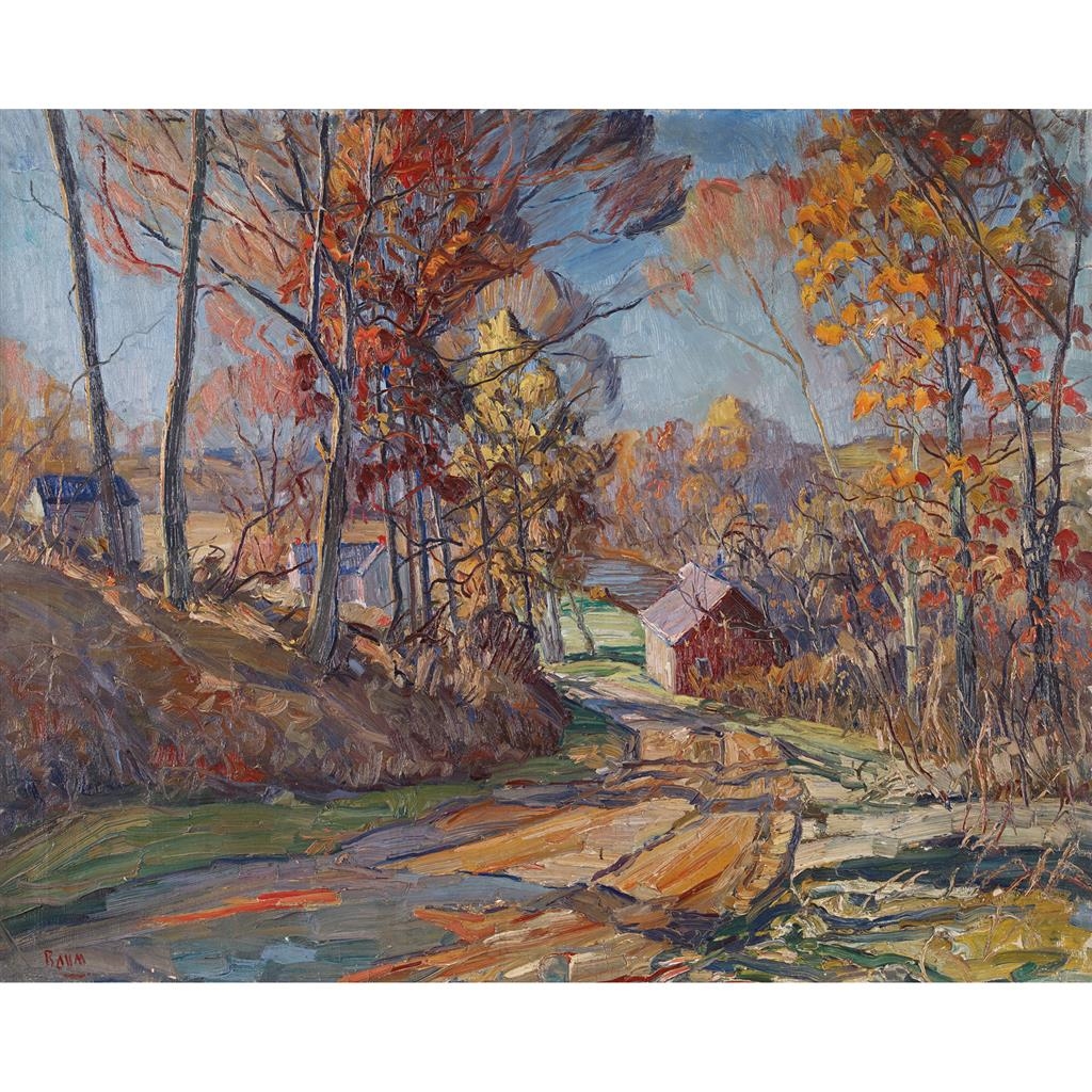 Walter Emerson Baum | AUTUMN LANDSCAPE WITH FARMHOUSE AND RED BARN ...