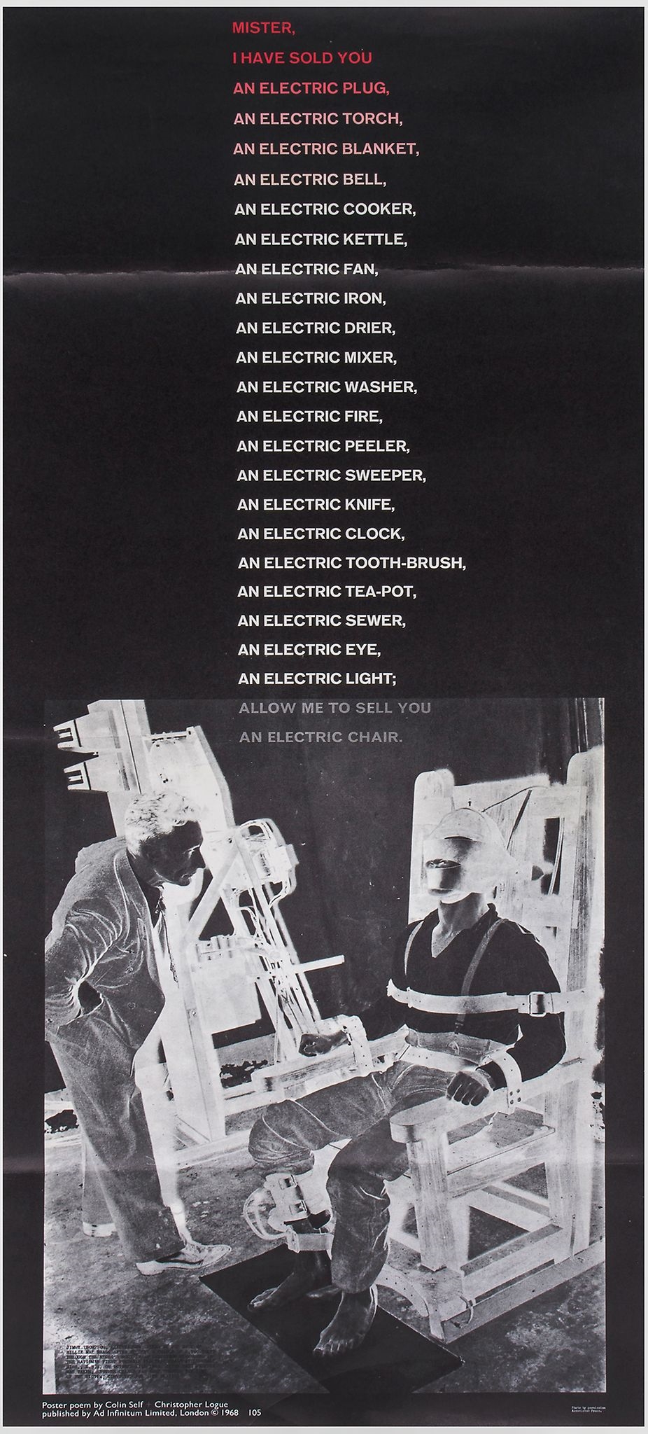 Colin Self | Poster Poem, Electric Chair (1968) | MutualArt