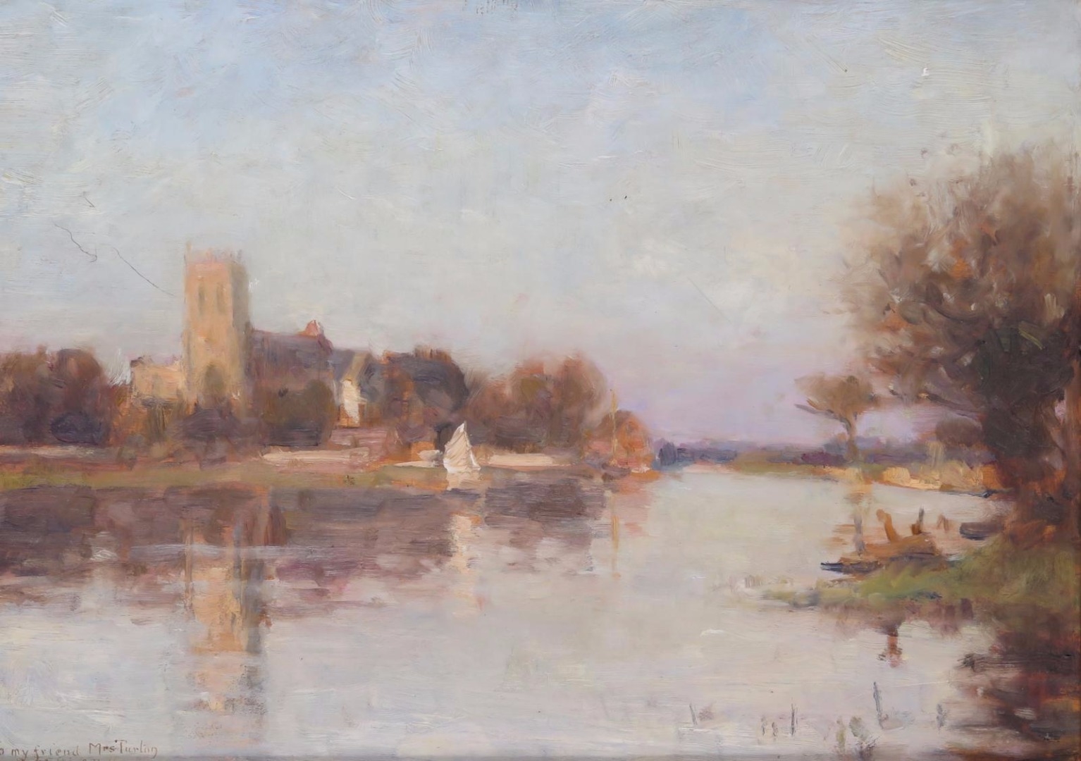 Arthur George Bell | A wooded river landscape, a church beyond | MutualArt