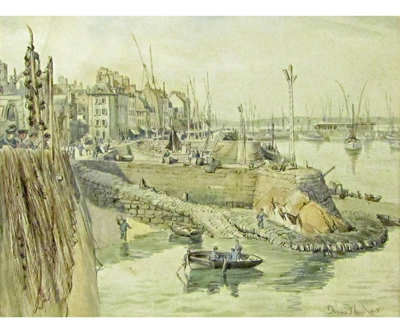 Dennis Flanders | Busy Harbour Scene with Fisher Folk | MutualArt