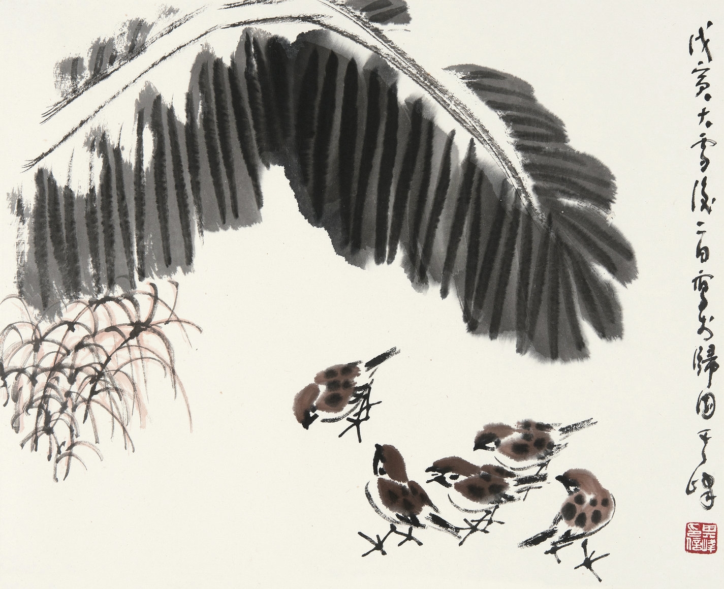Sun Qifeng | SPARROWS AND BANANA LEAVES | MutualArt