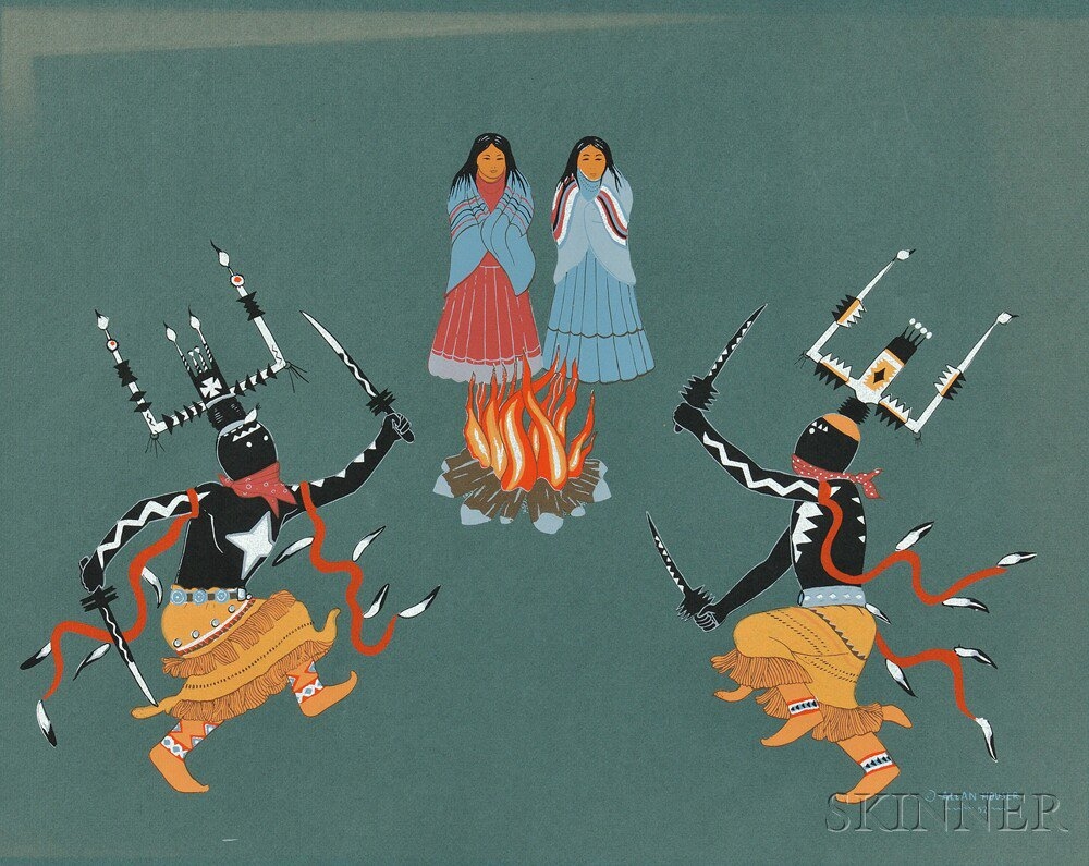 Allan Houser | Apache Gaan Dancing Figures Around a Fire (1952) | MutualArt