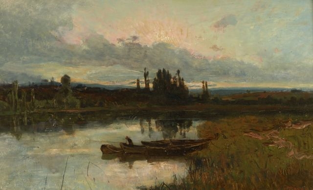 Joseph Trevoux | Personnage sur une barque dans un paysage fluvial ...