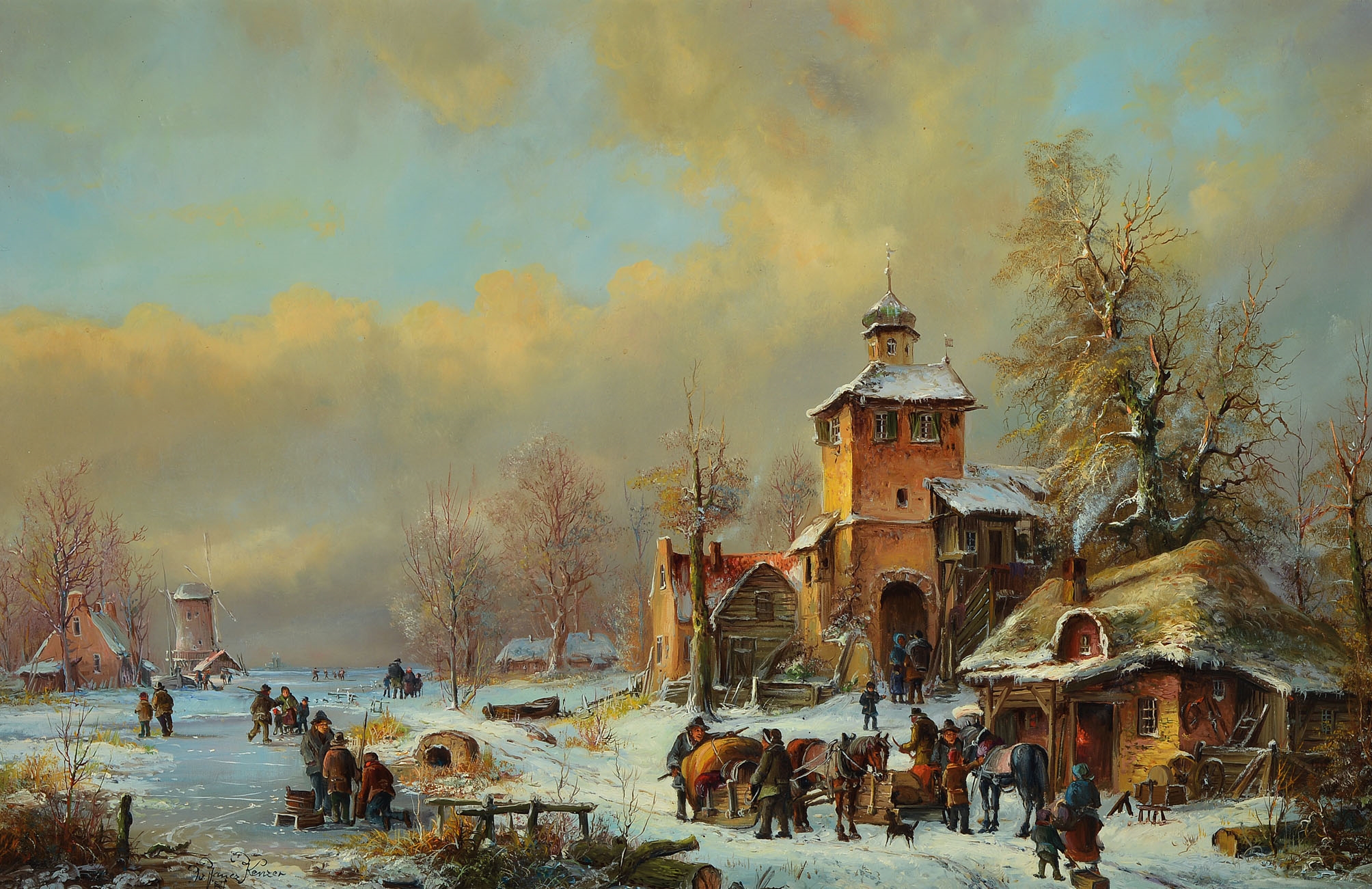 Janez Kenzer | Wintry landscape with a village bustle | MutualArt
