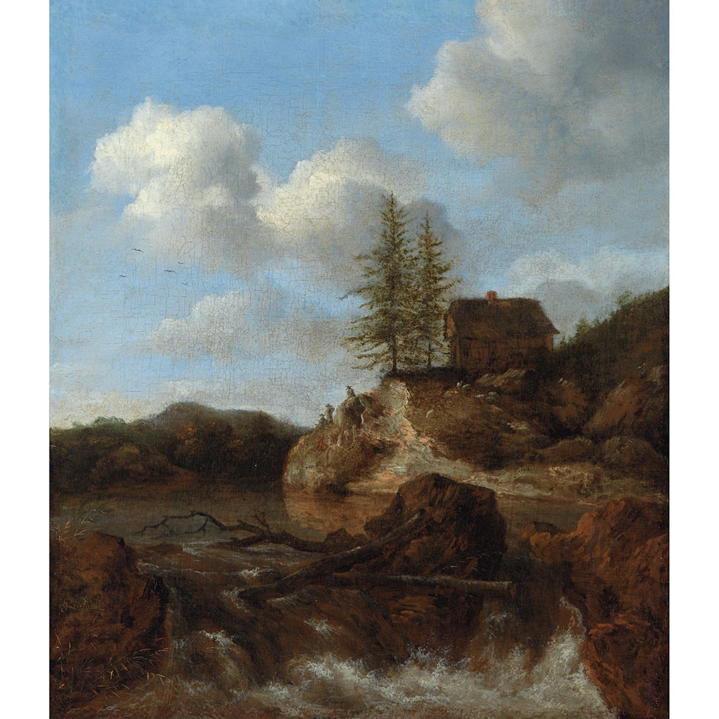 Jacob van Ruisdael | A Scandinavian Landscape, with Figures Overlooking ...