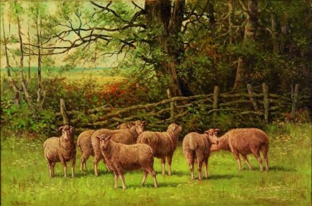 Edward Burrill | Sheep and Ram in a Pasture | MutualArt