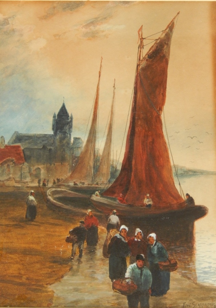 Frederick William Scarborough | Fishing Boats and Figures in Harbour ...