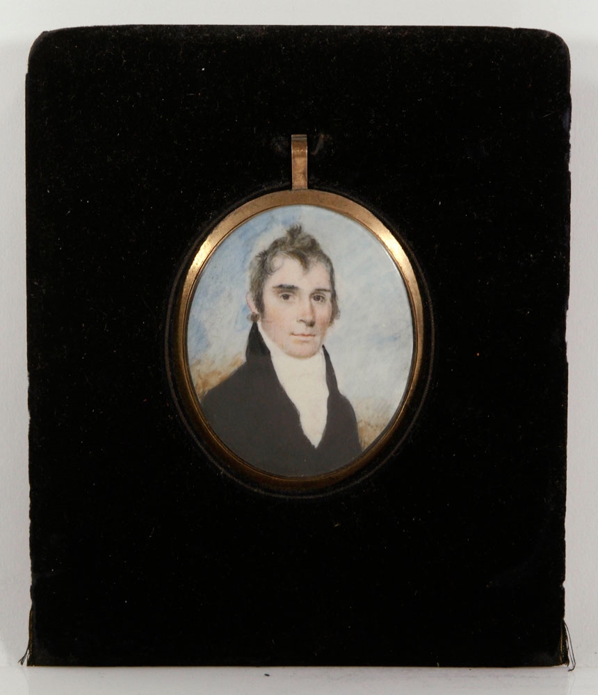Anson Dickinson | Miniature portrait of a young gentleman wearing high-collared black coat and ...