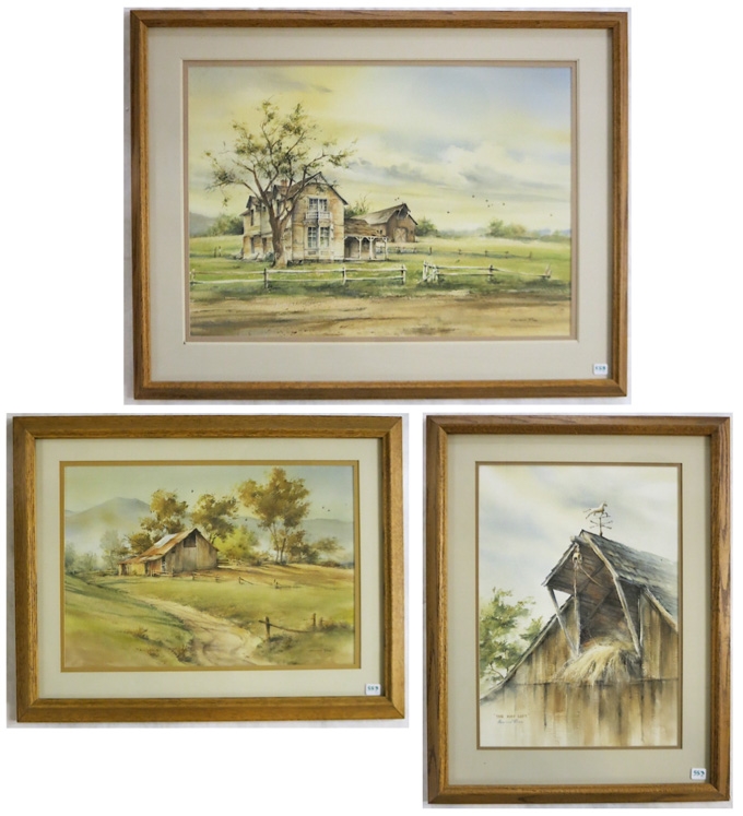 Howard Rees | 3 Works: Farm scenes with barns and one with a farm house ...