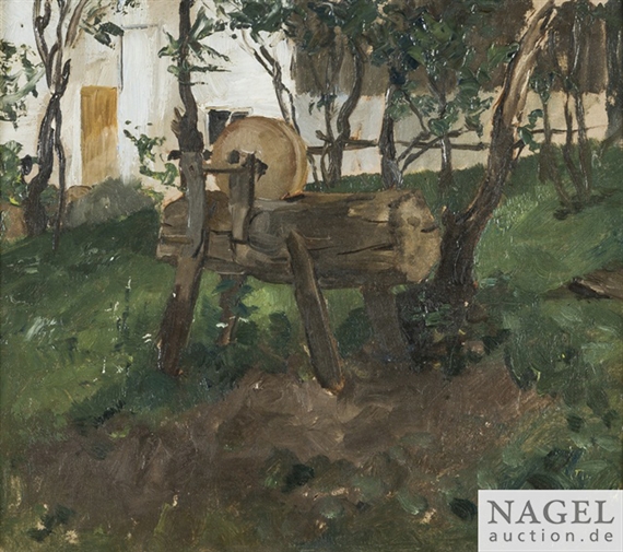 Wilhelm Heise | A wood-horse with a grindstone in a garden | MutualArt