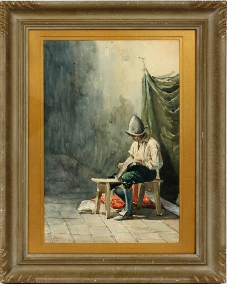 Giuseppe Aureli | SEATED SOLDIER POLISHING ARMOR | MutualArt