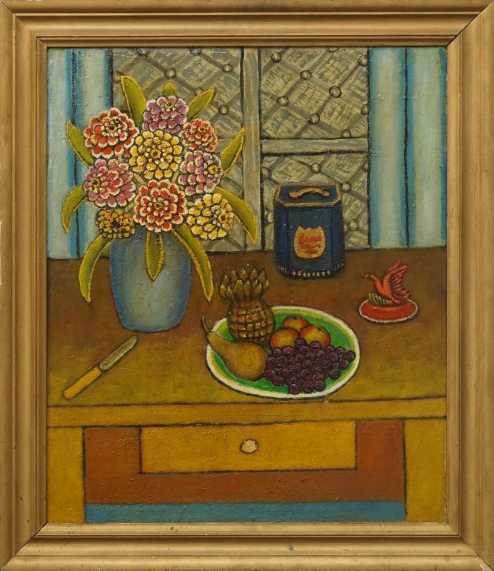 Norman Bray | Still life of flowers with fruit and objects on a table ...