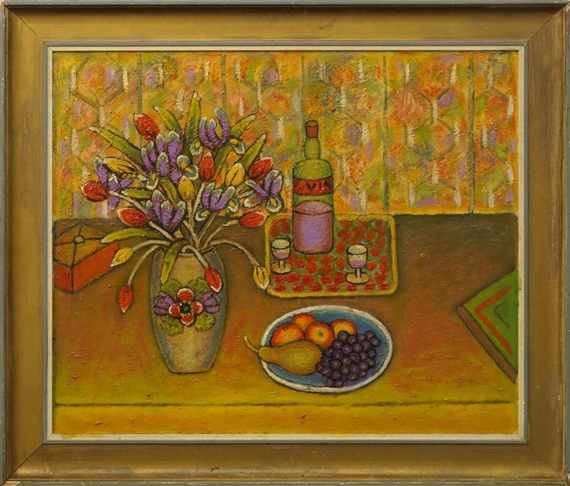 Norman Bray | Still life of tulips in a vase, with wine and fruit on a ...