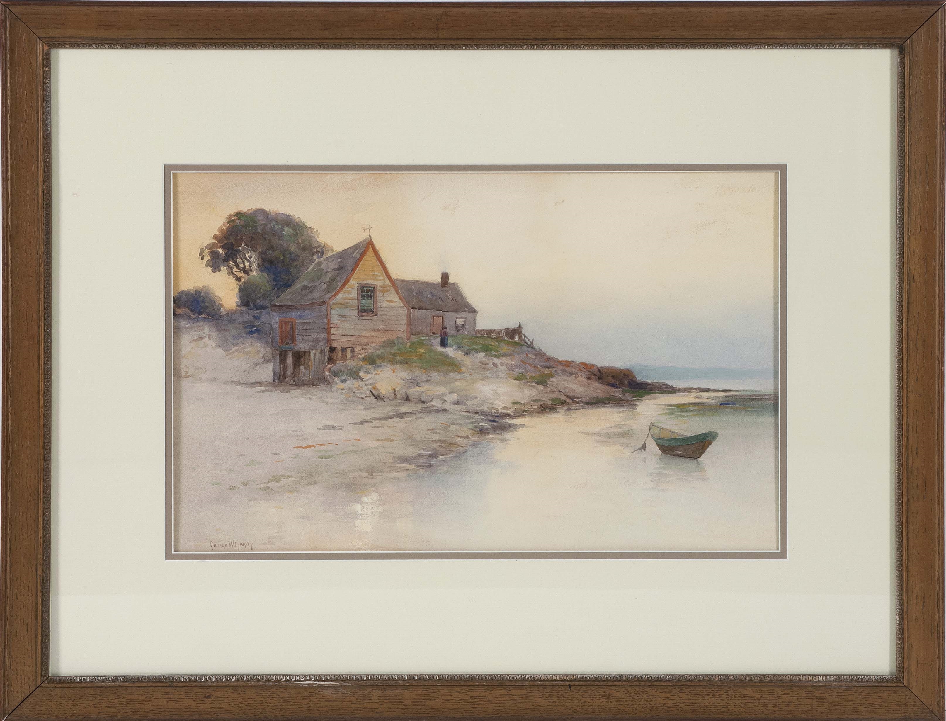 George W. Harvey | Dory Moored off a Coastal Home | MutualArt
